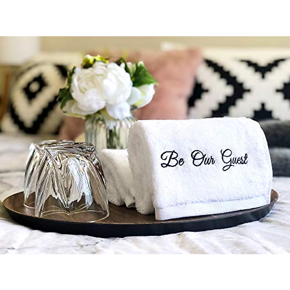 'Be Our Guest' Embroidered White Hand Towels for Bathroom with Gift Box - Set of 2 - Extra Absorbent 100% Cotton Hand Towel Set - 571GSM - 14 x 30 inches - Gifts for Bathroom - Be Our Guest Decor