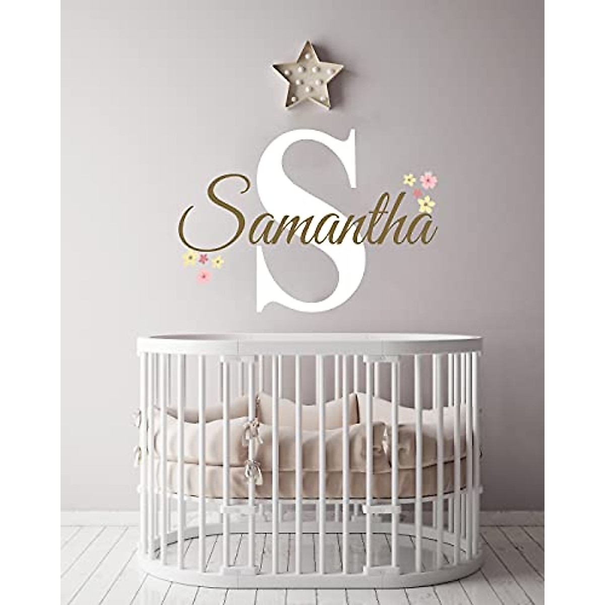 CuteDecals Custom Name and Initial with Flowers Wall Decal - Personalized & Art Mural Girls Decor Stickers for Nursery Bedroom Decoration (Mini Wide 16 inchx10 inch Height)