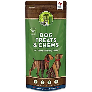 Supreme 12-inch Standard Bully Sticks by Sancho and Lola’s (5 Pack) All-Natural, Long-Lasting Dog Chew Treats - Free-Range, Grass-Fed Beef - Low Odor