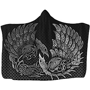 BURNAR Viking 3D Printed Hooded Blanket Warm Soft Viking Raven Celtic Runes Unisex Winter Wearable Hooded Blanket Double Thick Plush Fleece Blanket Cape (Color : Blanket, Size : 50x60in/130x150cm)