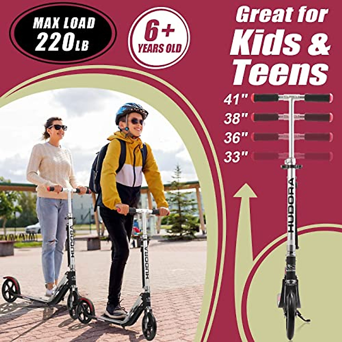 HUDORA Scooter with Big Wheels, Lightweight Durable All-Aluminum Frame for Kids 8 Years and Up, Teens 12 Years and Up, Adult
