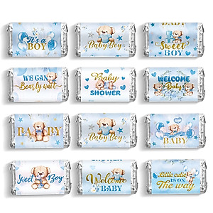 Baby Shower Candy Wrappers, Shower Mini Candy Bar Miniatures Wrappers Chocolate Bar Label Stickers for Boys Girls Kids Baby Shower Decor (No Candy)(Blue Bear, 90 Pieces)