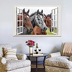 Home Find Horse Wall Decals 3D Faux Window View Decals Removable Fake Window Scene Wall Stickers Home Decor Art Mural Animals for Living Room Kids Room Nursery 23 inches x 15 inches