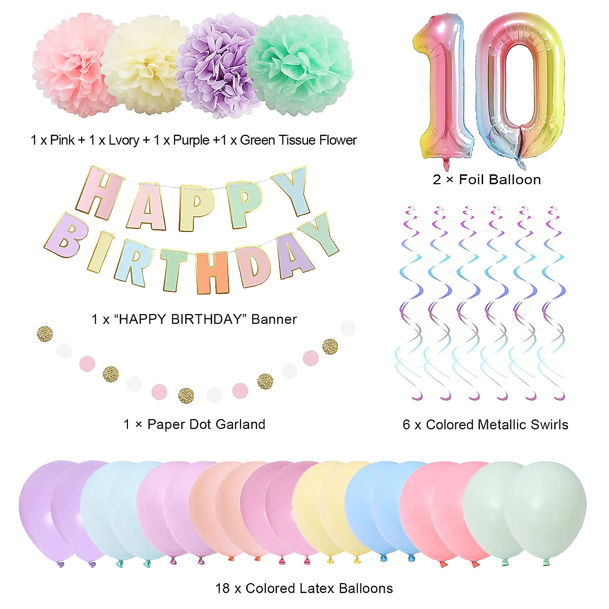 BRT Bearingshui 10th Birthday Decorations for Girls Boys, 40 Inch Rainbow Gradient Number 10 Balloon, 10th Birthday Balloon, Happy Birthday Banner, Children’s 10th Birthday Party Supplies for Kids