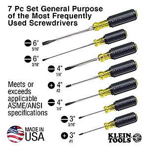 Klein Tools 85076 Screwdriver Set, Slotted and Phillips Screwdrivers with Non-Slip Cushion-Grip Handles and Tip-Ident, 7-Piece