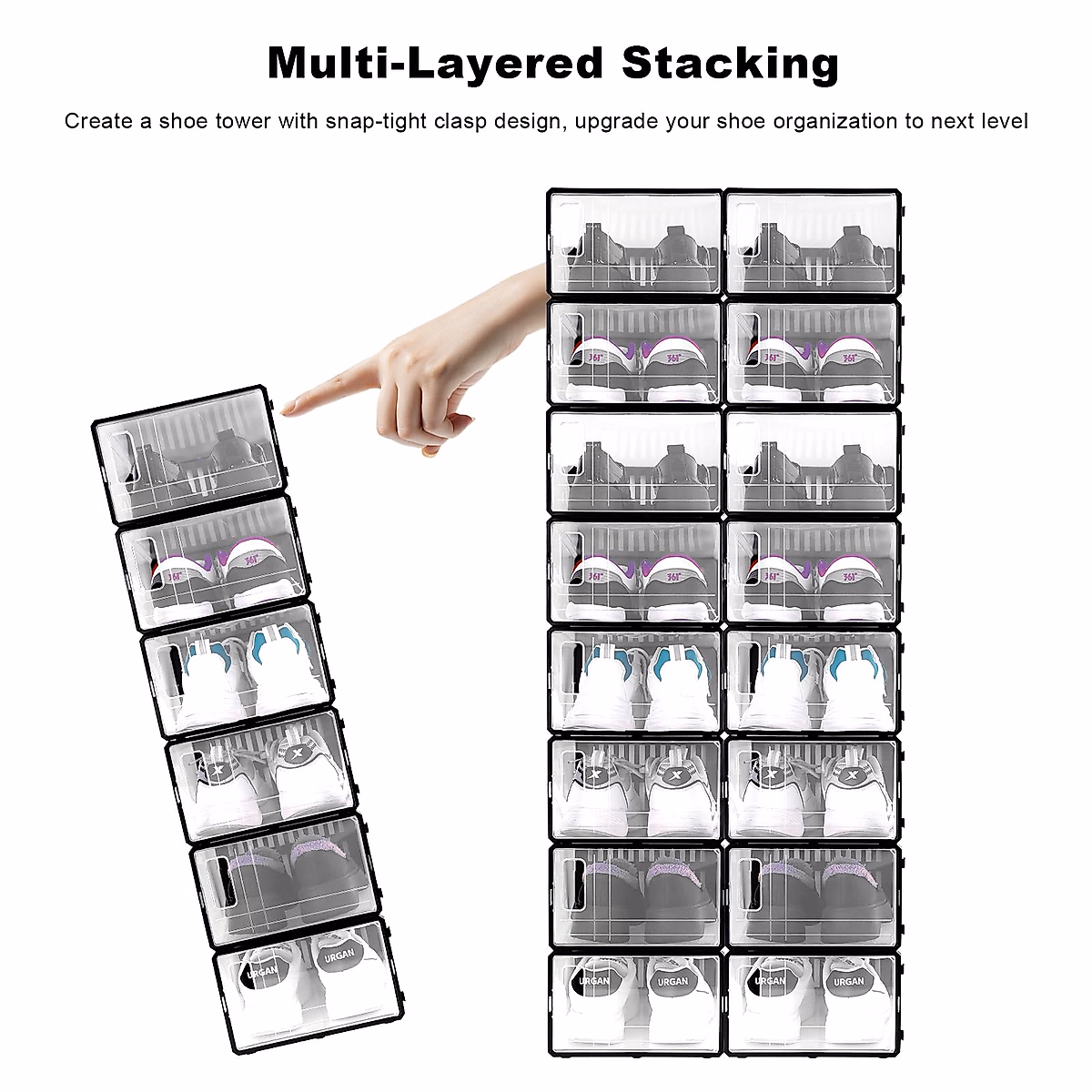 JOCHER 12 Pack Modern Black Plastic Shoe Boxes, Sturdy Flip Top Lids, Space Saving Foldable Shoe Organizer Boxes with Lids, Holds 12 Pairs of Shoes, Ideal for Bathroom Closet, Bedroom, Entryway