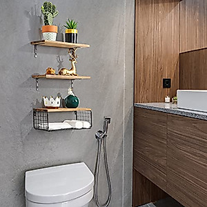 Set of 3 Floating Shelves with Paper Storage Basket Rustic Solid Wood Bathroom Shelves Farmhouse Wall Hanging Shelf Mounted Wall Decor for Living Room Kitchen Pantry Bedroom (Rustic Brown)