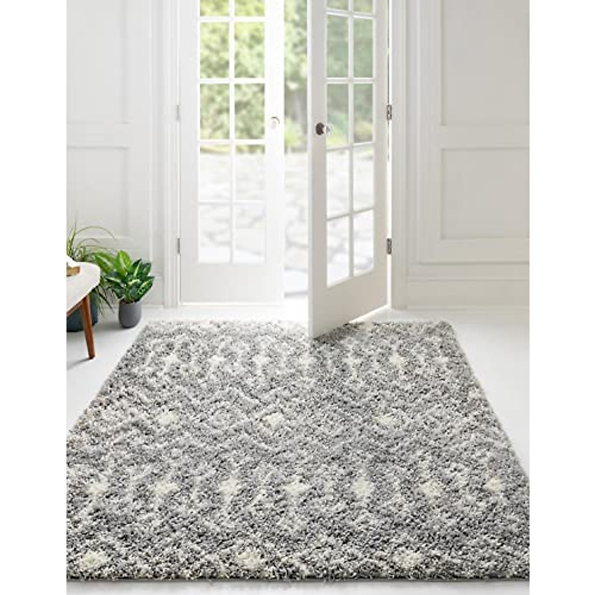 Unique Loom Moroccan Trellis Shag Collection Area Rug - Meknes (6' Square, Gray/Ivory)