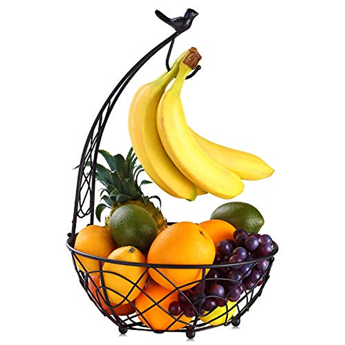 Buruis Fruit Basket Bowl with Banana Hanger, Modern Bird Design Fruit Container, Creative Tabletop Fruit Basket for Kitchen Countertop Dining Room, Decorative Display Stand (Black)