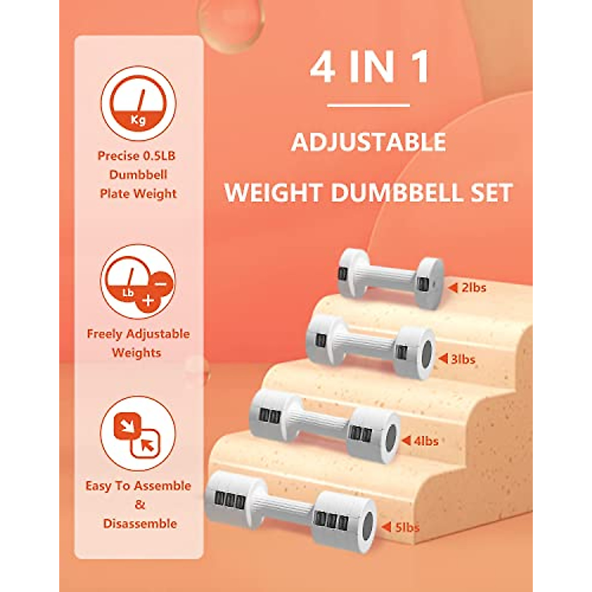 TRAKMAXI Adjustable Dumbbell Set of 2, Hand Weights Sets for Women, Fast Adjust Dumbbell Weight,6 In 1 Free Weights Barbells For Women Men Home Gym Workout Exercise Strength Training(5lbs each/10lbs Pair)