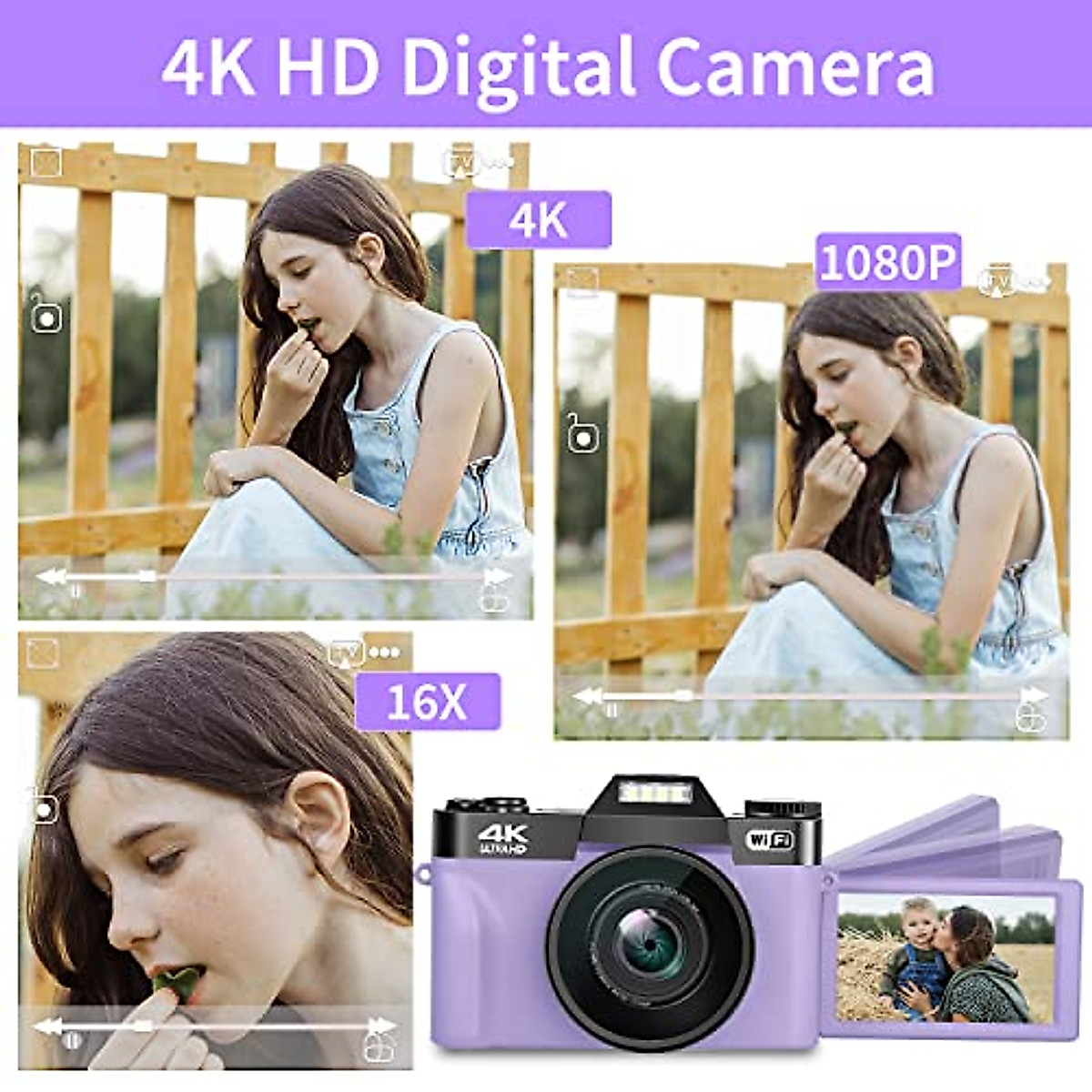 Vlogging Camera for YouTube, 4K 48MP Digital Cameras for Photography with WiFi, 16X Digital Zoom Manual Focus 52mm Wide-Angle Lens & Macro Lens, 32G Micro Card and 2 Batteries (Purple)