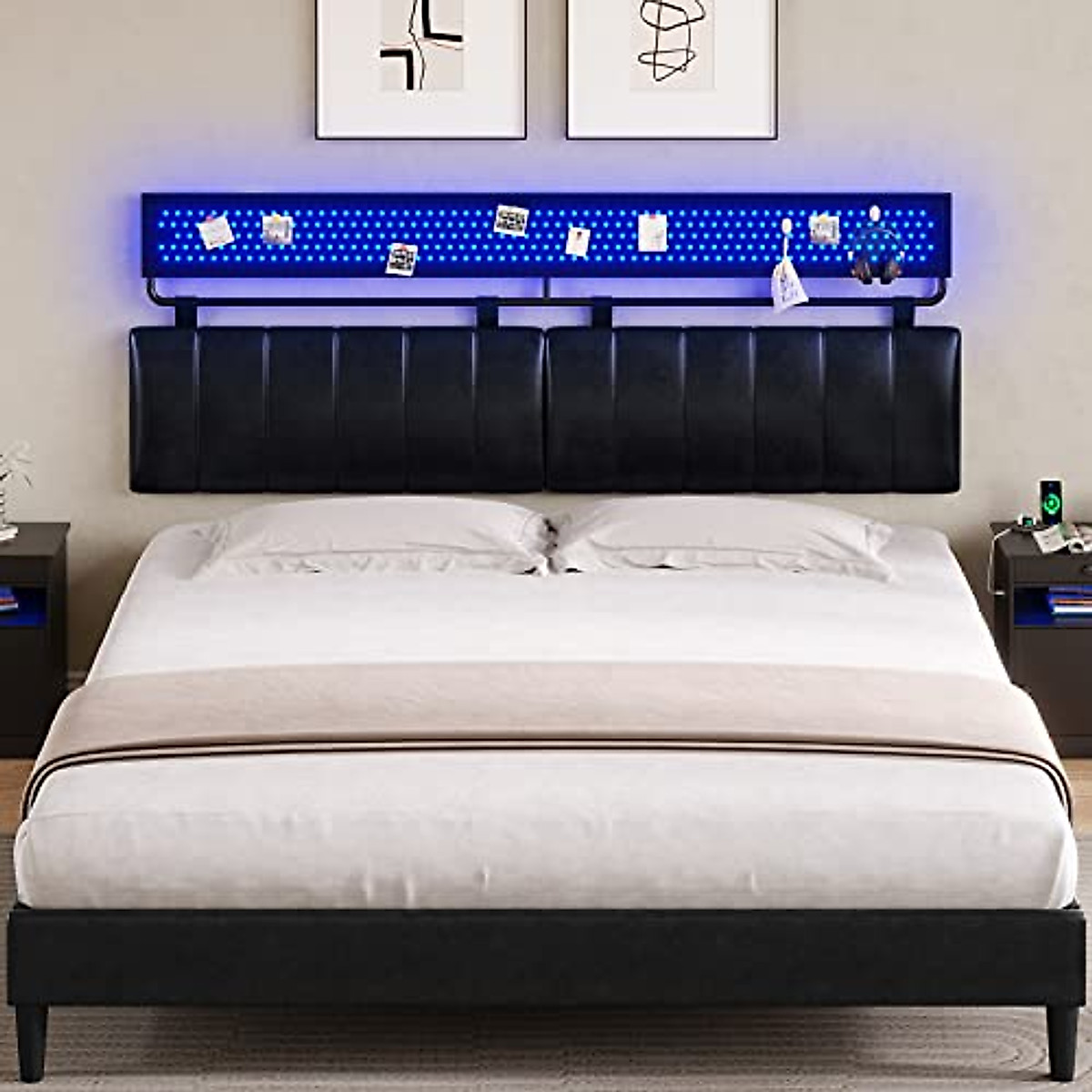 EPHEX King Platform Bed Frame with LED Lights, Faux Leather Upholstered Bed Frame with Wall Mount Headboard & Pegboard, Strong Wood Slat Support, No Box Spring Needed, Black