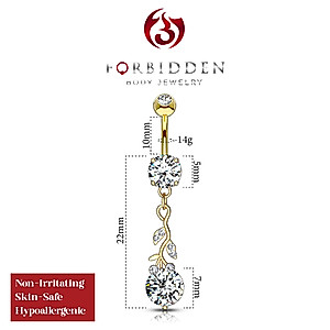 Forbidden Body Jewelry 14g Surgical Steel Sexy Vine with Solitaire CZ Dangle Belly Ring, Gold Tone