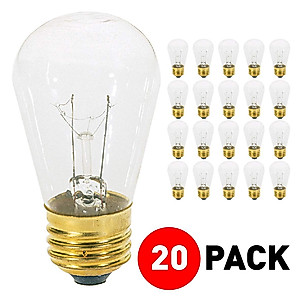 11S14/C, 11-Watt S14 Replacement Incandescent, Clear Glass Light Bulbs, 2700K Warm White, Dimmable, E26 Medium Base, Use Display-Sign, Indoor-Outdoor Patio,String Lights. (20 Pack Incandescent Bulbs)