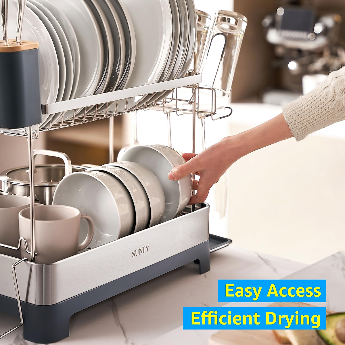 SUNLY Large Dish Drying Rack, Dish Racks for Kitchen Counter, 304 Stainless Steel Kitchen Drying Rack, Multipurpose 2 Tier Dish Drying Rack, Extra Large Dish Dryer with Rotatable Spout, Gray