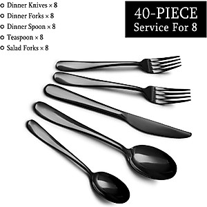 40-Pieces Black Silverware Set - Stainless Steel Flatware Cutlery Set - Mirror Polished Tableware Untensils with Dinner Knife/Forks/Spoons for 8