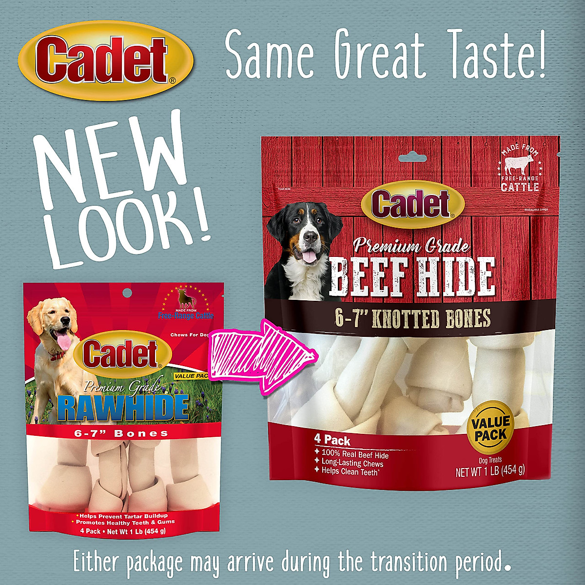 Cadet Premium Grade Beef Hide for Dogs, Long Lasting Rawhide Knotted Bones Single Ingredient Dog Chews, 6"-7" Dog Bones, 4 Pack