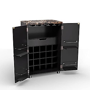 SEI Furniture Cape Town Contemporary Bar Liquor and Wine Cabinet with Storage, Faux Marble Countertop with Black Finish