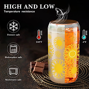 Zubebe Sunflower Glass Cup with Bamboo Lids and Straws, 16 oz Iced Coffee Tumblers Sunflower Drinking Cup Daisy Beer Can Inspirational Sunflower Gifts for Mother's Day Birthday(Yellow, 6 Pcs)