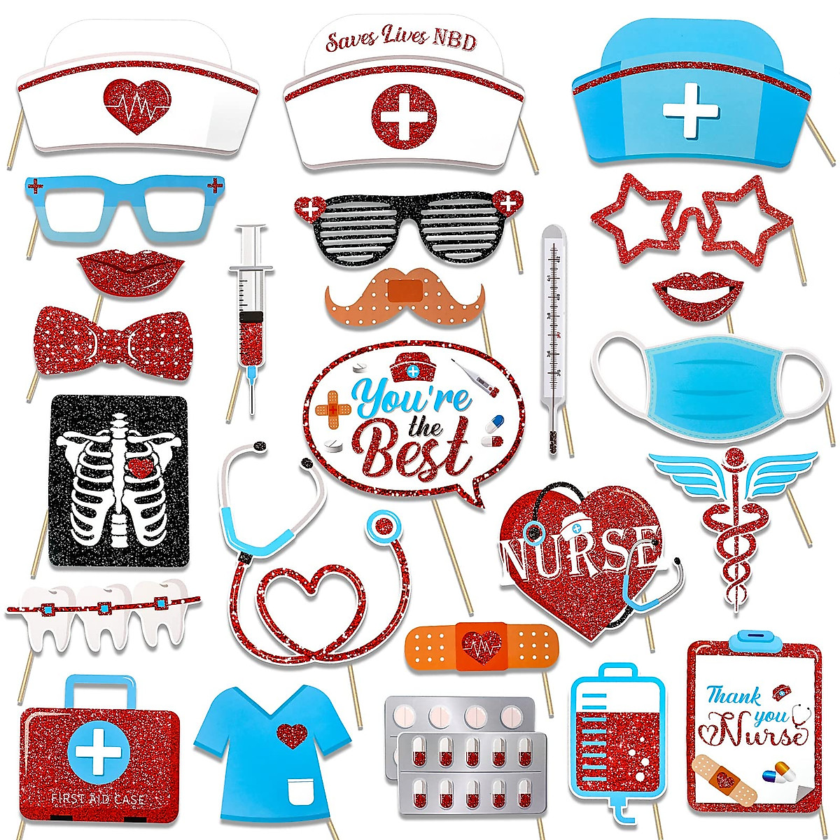 HOWAF 25pcs Thank You Nurses Photo Booth Props, Nurse Appreciation Week Party Supplies Selfie Props, Nurse Themed Photo Booth Props for Happy International Day Party Decorations Supplies