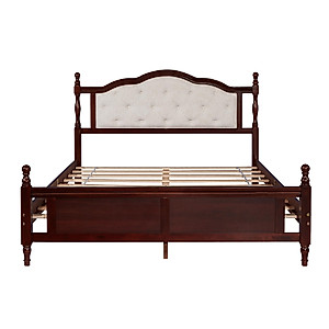 MKABAK Queen Size Bed Frame with Upholstered Headboard and Panel Footboard, Rustic Retro Style Pine Wood Platform Bed with Slat, No Box Spring Needed, Classic Cherry