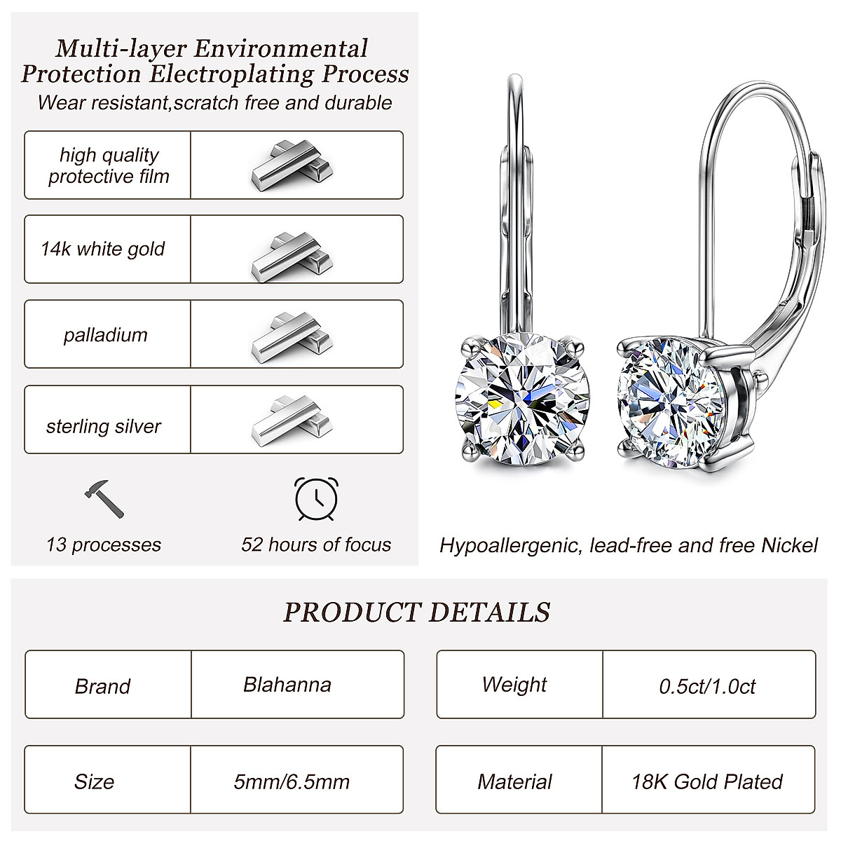 Blahanna Moissanite Earrings,1.0ct-2.0ct D Color Brilliant Round Cut Lab Created Diamond Earrings 18K White Gold Sterling Silver Dangle Earrings Moissanite Leverback Drop Earrings