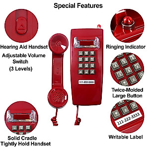 Traditional Wall Phones for Landline with Mechanical Ringing, Retro Wall Mounted Phone Waterproof, Classic 2554 Wall Telephone with Voicemail Indicator, Old Wall Mount Phone for Kitchen,Home,Red