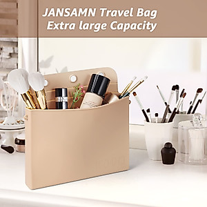 JANSAMN Makeup Travel Bag Cosmetic Bag, Toiletry Bags for Traveling, Silicone Waterproof Brushes Bags for Women, Portable Clear Makeup Bags for Girls（Khaki）