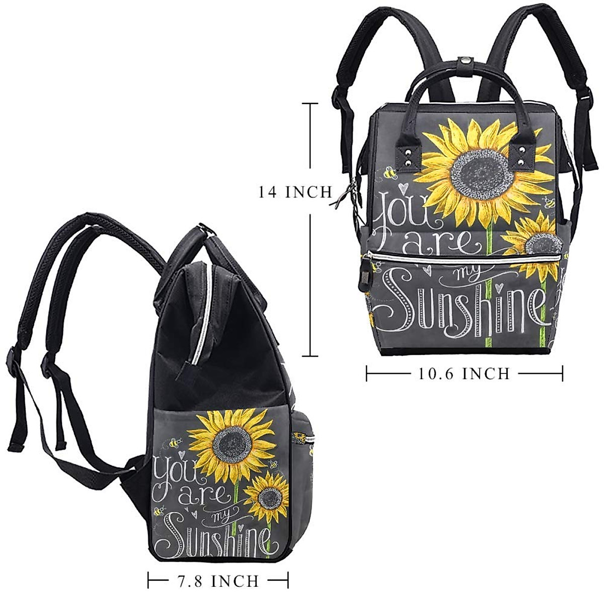 LORVIES Sunflowers You are My Sunshine Diaper Bag Backpack, Large Capacity Muti-Function Travel Backpack