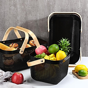 Sadnyy 4 Pcs Plastic Mesh Garden Harvest Basket Storage Basket with Wooden Handle Multi Functional Mesh Bin for Kitchen Cabinet Picnic Fruit Vegetable Gathering Organizer(Large, Small,Black)