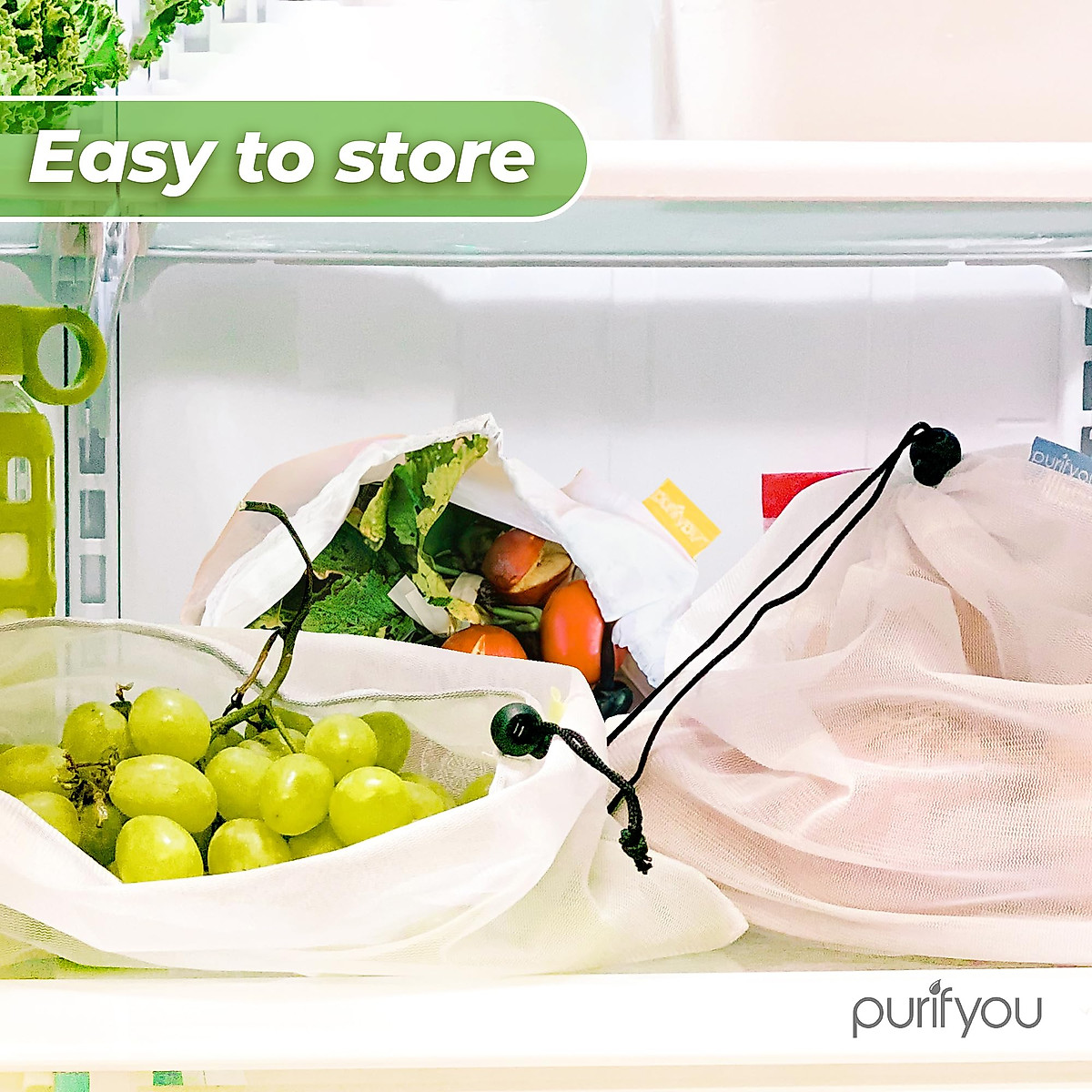 purifyou Reusable Produce Bags | Washable Mesh Set of 9 Grocery with Drawstring, Large Foldable Washable Shopping Bags for Fridge Storage, Freshness, Fruits, Vegetables, Toys, Groceries, Kitchen, Home, Farmers Market, Gift Bags and Travel