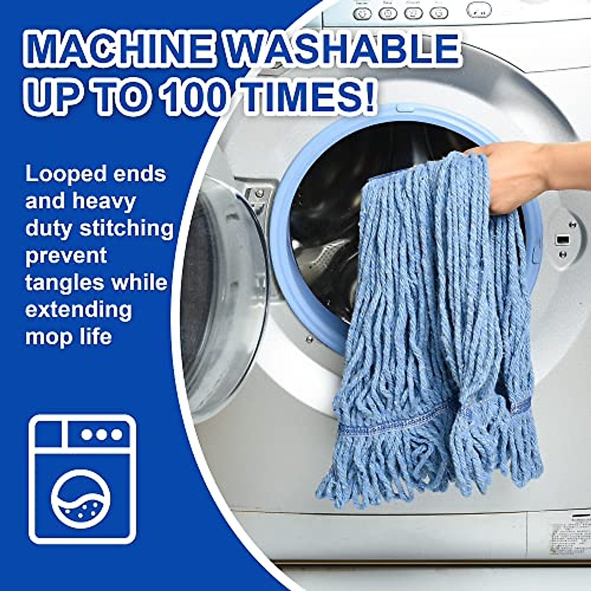 Matthew Cleaning Heavy Duty Mop Head Commercial Replacement for General and Floor Cleaning , Wet Industrial Blue Cotton Looped End String Head Refill (Pack of 3) Blue