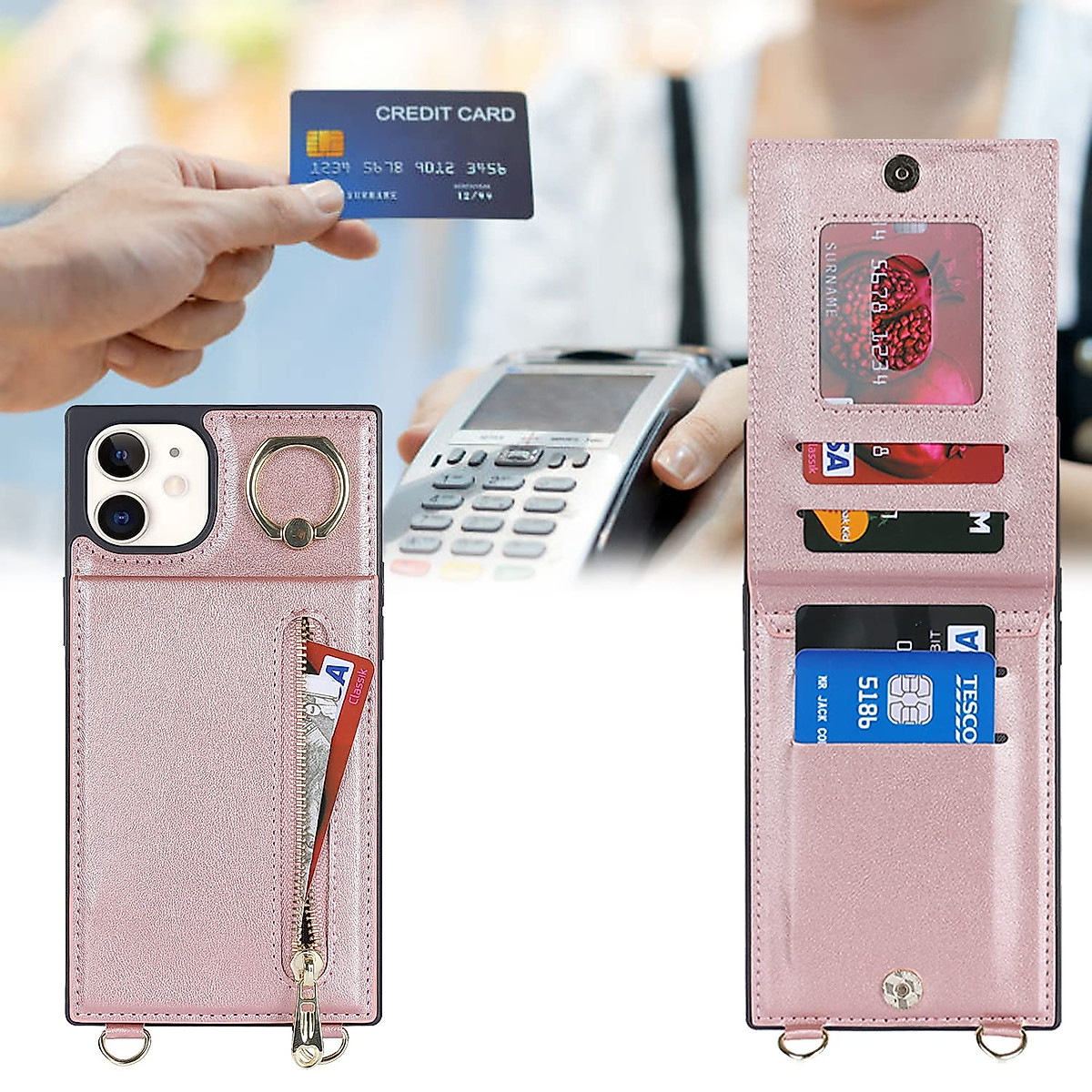 Jaorty iPhone 12 Mini Case with Card Holder for Women,Crossbody Wallet Case for iPhone 12 Mini with Strap,[Ring Holder Kickstand] Lanyard Leather PU Magnetic Clasp Zipper Purse,5.4" Pink