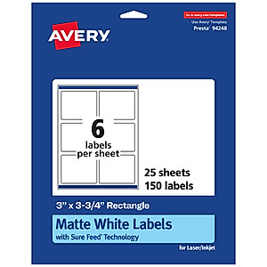 Avery Matte White Rectangle Labels with Sure Feed, 3" x 3.75", 150 Matte White Printable Labels