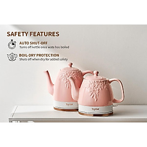 Toptier Electric Ceramic Tea Kettle, Boil Water Quickly and Easily, Detachable Swivel Base & Boil Dry Protection, Carefree Auto Shut Off, 1 L (1 LITER, Light Pink)