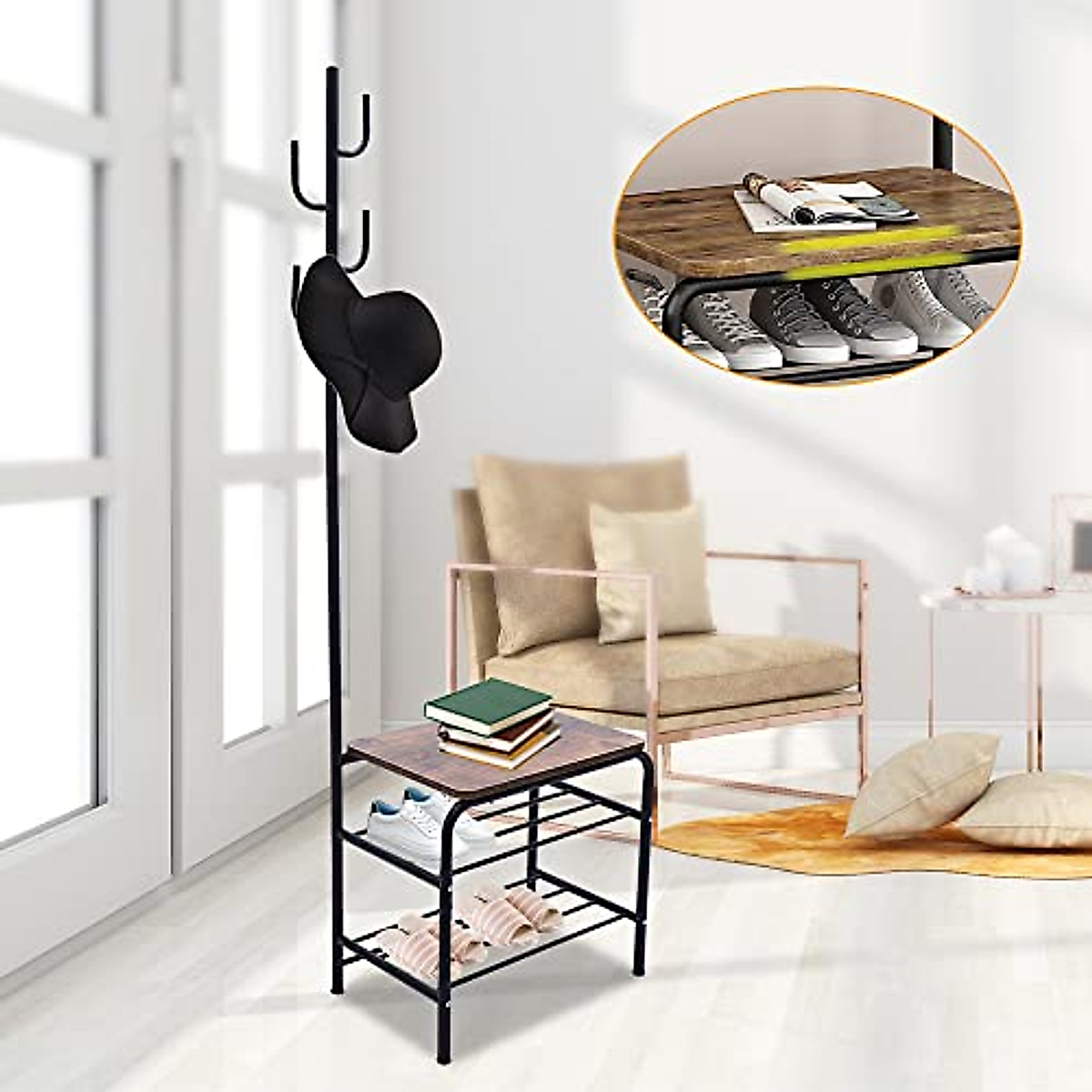 AKaSping Bamboo Shoe Rack Shoes Bench 3 in 1 Hall Multifunctional Shoes Bench with Coat Rack Seat Shoe Rack Organizer 2 Tiers Shoe Storage Shelf for Home Bedroom Hallway Entryway