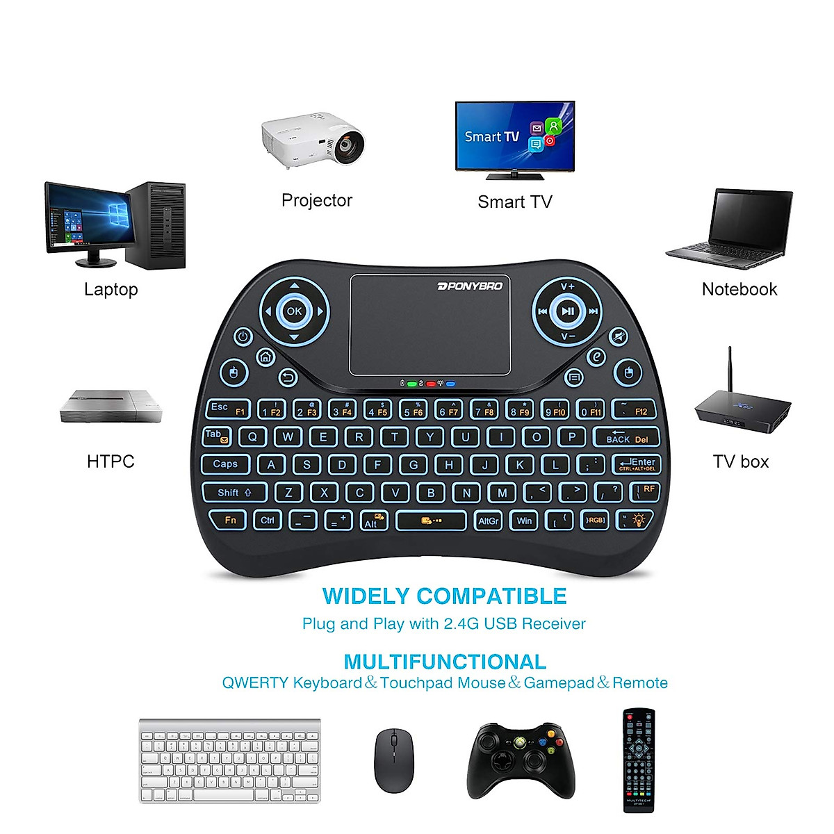 PONYBRO (Newest Version) Backlit Mini Wireless Keyboard with Touchpad Mouse Combo QWERTY Keypad,Rechargeable Handheld Keyboard Remote for Smart TV,Android TV Box,Xbox,Raspberry Pi,PC