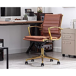 Shunzhi Leather Desk Chair with Armrest PU Leather Office Chair Midback Adjustable Home Computer Executive Chair Swivel Conference Task Chair Managers Chair with Chrome Base, Brown and Gold