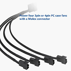 Molex to 3Pin/4Pin Fan Adapter, 12V PC Fan Adapter 4Pin Molex to 4 PWM Splitter Sleeved Braided Cable UIInosoo for 3 Pin or 4 Pin Computer PC Case Fan Power Supply 11 inch