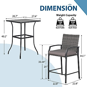 JOIVI 3 Piece Patio Bar Set, Outdoor Wicker Counter Height Bar Stools and Wood Top Table Set for 2 People, Bar Height Table Bistro Set with 2 Bar Chairs and Cushions for Backyard, Balcony
