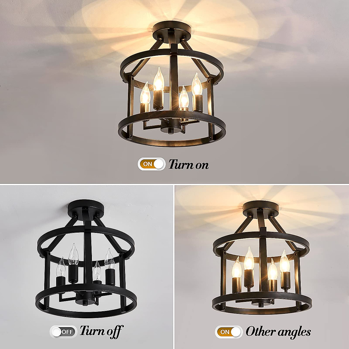 UOFUS 2-Pack Semi Flush Mount Ceiling Light Fixture Farmhouse Matte Chandelier Ceiling Lamp for Entryway Foyer Dining Room Bedroom Kitchen Hallway （Black Metal ）