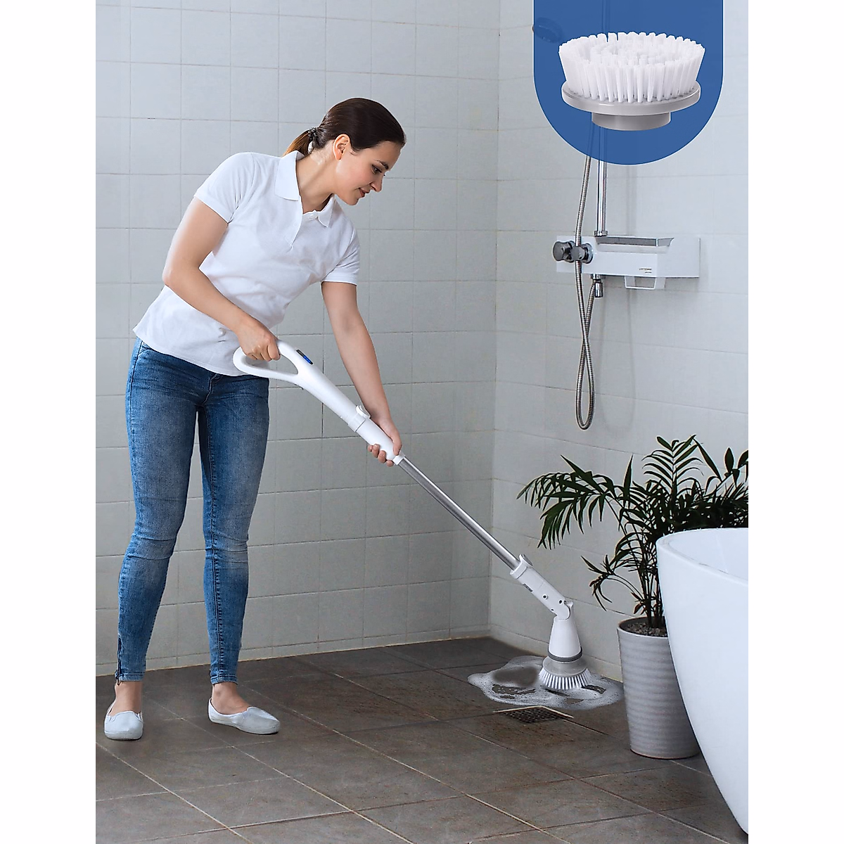Electric Spin Scrubber, 2023 New Cordless Shower Scrubber with LED Display, Power Scrubber with Detachable Extension D-Shape Handle, Cleaning Brush for Bathroom Tile Tub Shower Grout