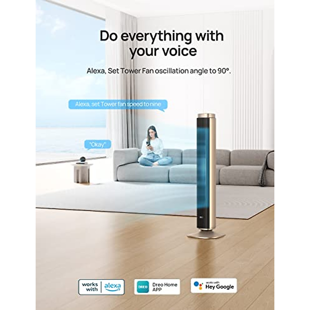 Dreo Tower Fan Smart Voice Control, 25 DB Quiet DC Portable Bladeless Fan, 90° Oscillating, 12H Timer, 42 Inch Floor Fans & Smart Tower Fan Voice Control, 120° Oscillating Fan Works