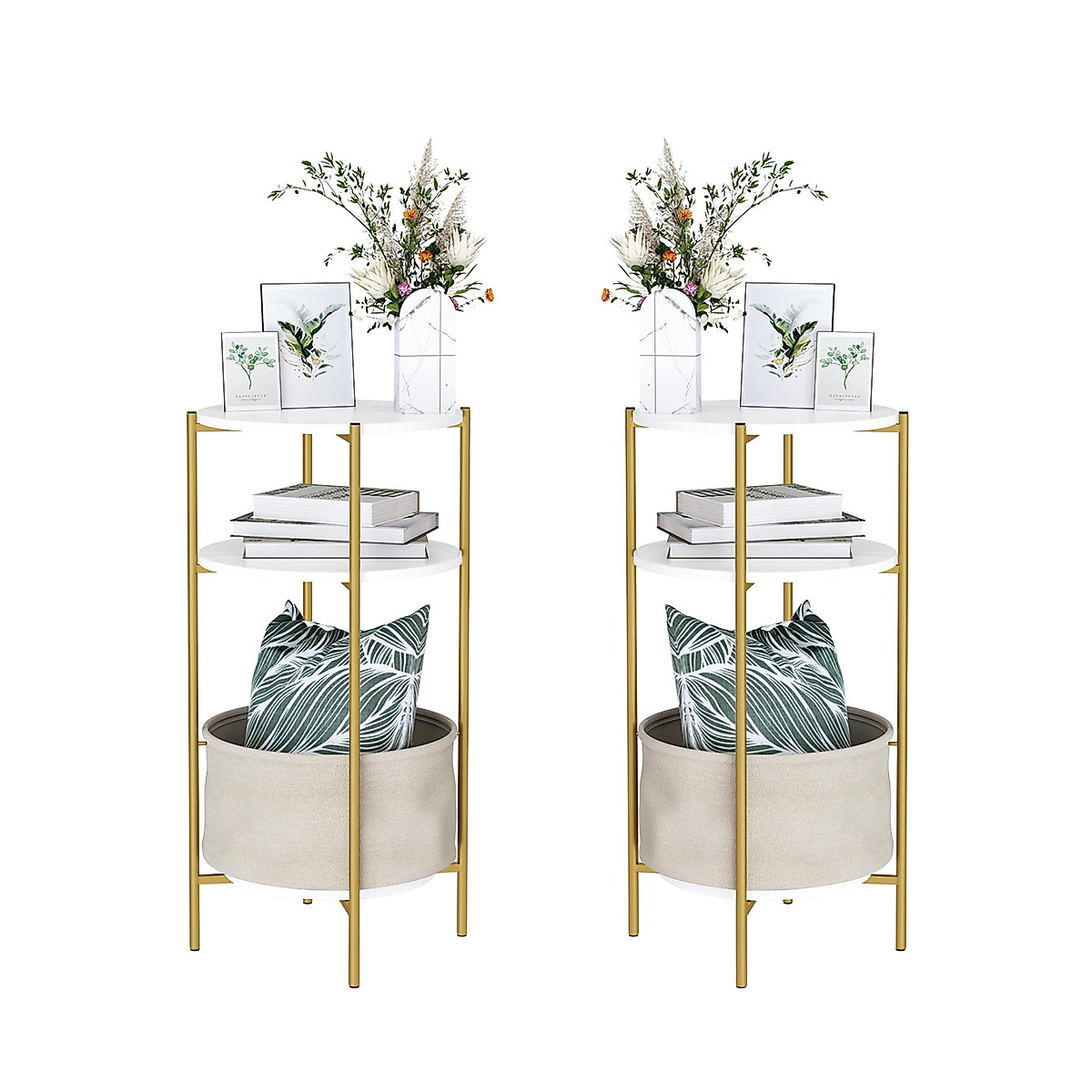 FINETONES Round End Table, 3-Tier Side Table Accent Table with Detachable Linen Basket and 2 Tier Storage Shelf, Modern Bedside Sofa Coffee Table for Living Room, Bedroom, White/Gold, 2 Tables