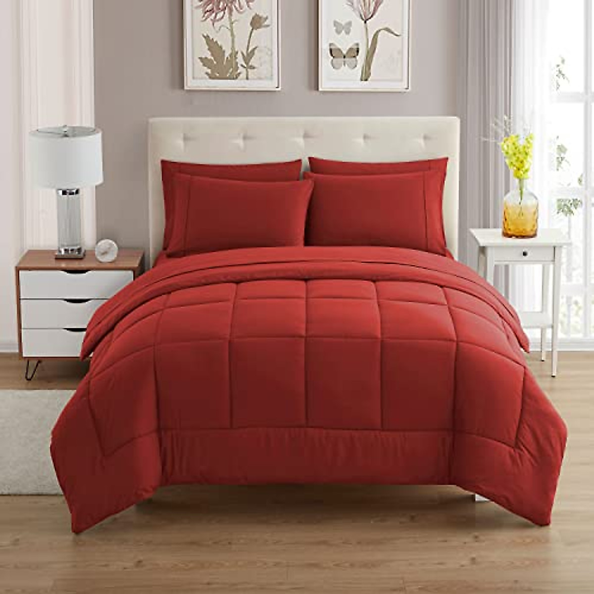 Sweet Home Collection 5 Piece Comforter Set Bag Solid Color All Season Soft Down Alternative Blanket & Luxurious Microfiber Bed Sheets, Red, Twin