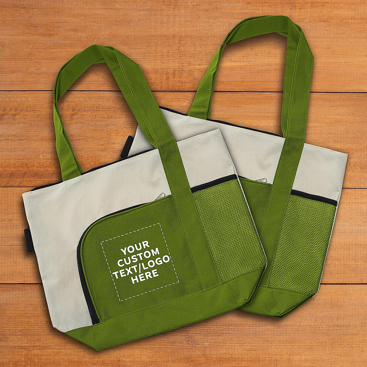 24 Zipper Polyester Tote Bags Set - Customizable Text, Logo - Two-tone, Zipper Closure, Pen Loop - Lime Green