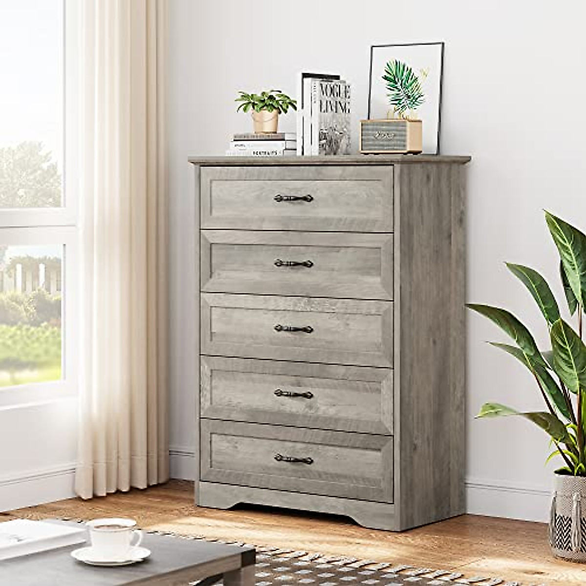 Amyove PHO_0WDE3TP6, 5-Drawer Chest, Grey