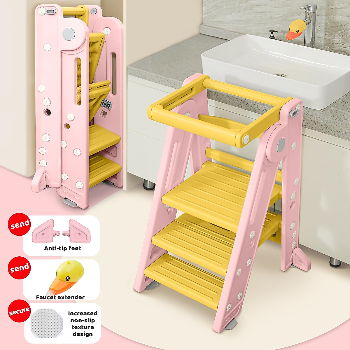 Toddler Standing Tower, Childs Kitchen Stool for Helping,Safety Rail, 2-3 Step Adjustable Ladder for Bathroom Sink & Kitchen Tower -Ages 18 Months to 4 Years (Pink)