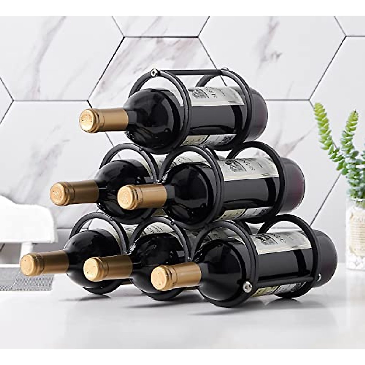 Black Modern Wire Rustic Counter Wine Rack Countertop Table,Metal Wine Rack Inserts for Cabinet Rustic 6 Bottles Wine Storage Holder