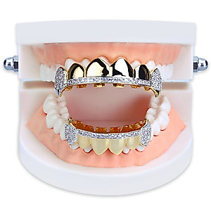 TOPGRILLZ Gold Hip Hop Teeth Grillz Micro Pave Cubic Zircon Top&Bottom Vampire Fangs Teeth Grills Set Holleween Gift Men Women (Yellow Gold)